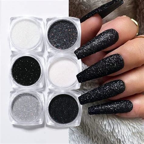 6 Jars Nail Glitter Powder Black White Sliver Dust Sugar