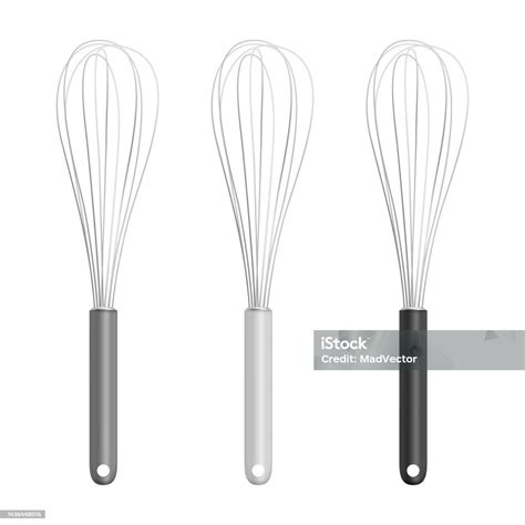 벡터 사실적인 3d 금속 와이어 스틸 휘스크와 회색 흰색 검은 색 핸들 세트 절연 요리 기구 계란 비터 혼합 및 채찍질을위한 요리 공기 털 디자인 템플릿 베이커리를 위한