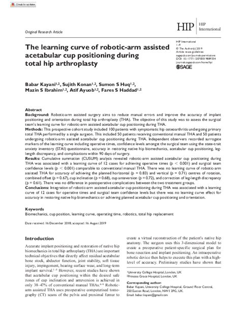Pdf The Learning Curve Of Robotic Arm Assisted Acetabular Cup Positioning During Total Hip