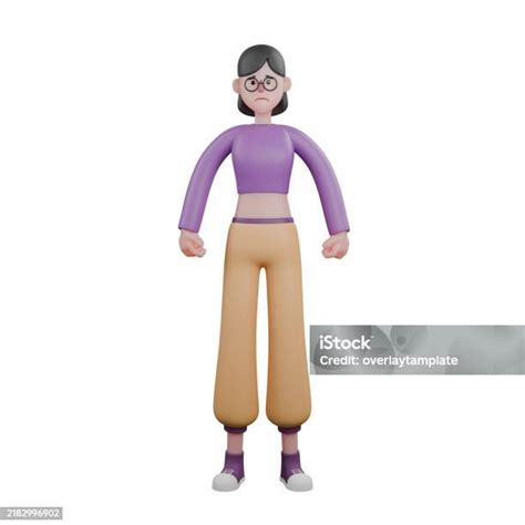 활기찬 3d 만화 댄서 한 여성 무용수가 슬픈 표정으로 양손을 옆구리에 꽉 쥔 채 서 있다 애니메이션 준비 완료 만화에 대한 스톡 사진 및 기타 이미지 Istock