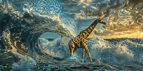 Surreal Green Giraffe Conquering Waves Amidst Lightning Storm Majestic