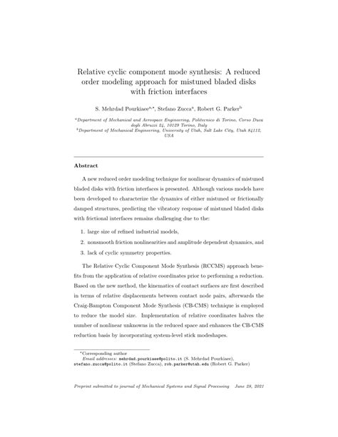 PDF Relative Cyclic Component Mode Synthesis A Reduced Order Modeling Approach For Mistuned
