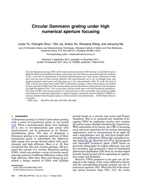 Pdf Circular Dammann Grating Under High Numerical Aperture Focusing