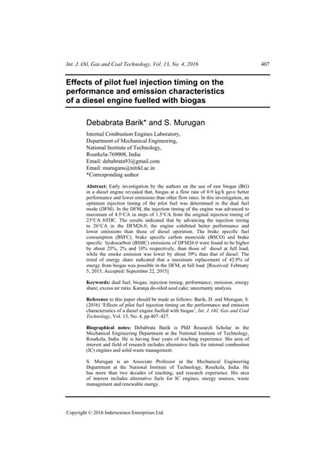 Pdf Effects Of Pilot Fuel Injection Timing On The Performance And Emission Characteristics Of