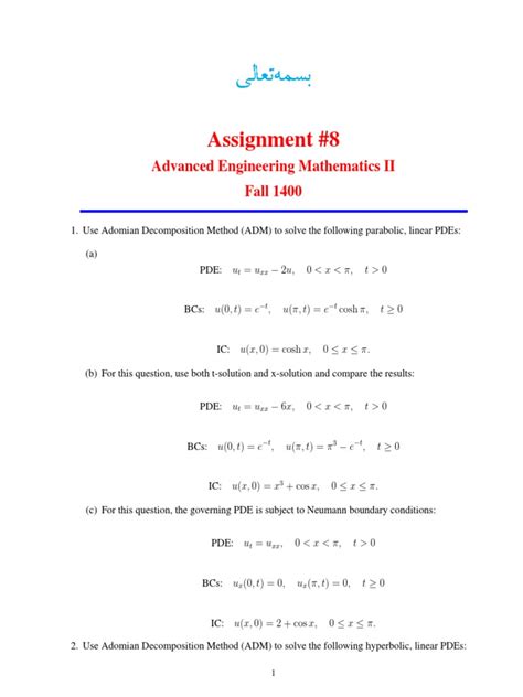 Assignment 8 Advanced Engineering Mathematics Ii Fall 1400 Pdf Partial Differential