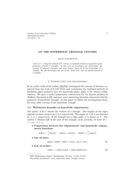 Pdf On The Hyperbolic Triangle Centers