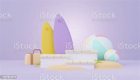 3d 렌더링 여름 판매 연단은 제품을 보여주기 위해 서 있습니다 모의를 위한 여름의 해변 휴가 장면 0명에 대한 스톡 사진 및 기타 이미지 Istock