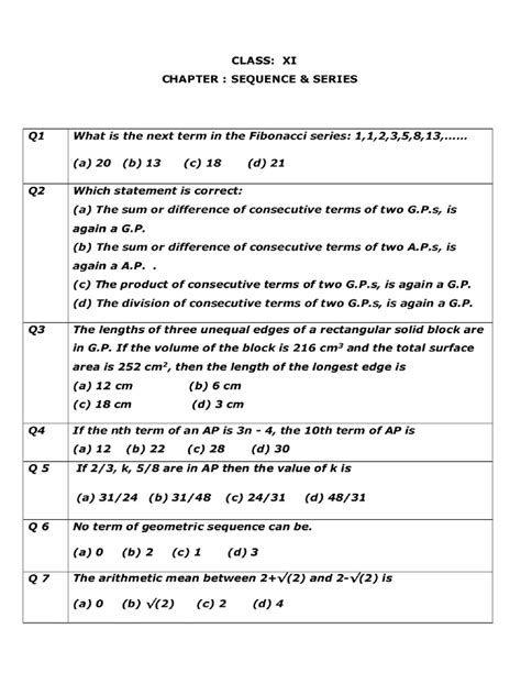 Class 11th Mathematics Test Chapter 9 Pdf