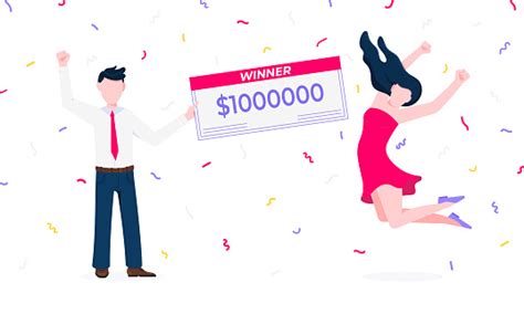 상금 급여와 함께 행복 한 복권 당첨자 행운 복권 또는 카지노 도박 행운의 게임 개념 평면 스타일 디자인 벡터 일러스트 레이션 고립 된 흰색 배경 남자와 여자는 검사와 함께