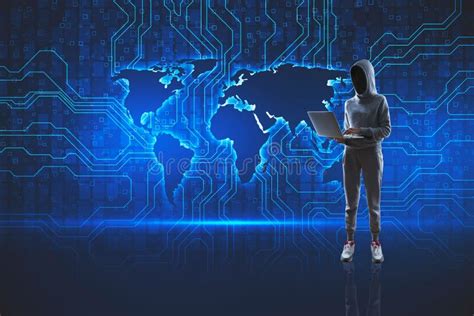 Hacker In Hoodie Using Laptop With Creative Digital Futuristic Circuit Map Hologram Digital