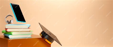 밝은 녹색 배경에 졸업 모자 책 및 모빌 전화의 3d 렌더링 현실적인 3d 모양 교육 온라인 개념 프리미엄 사진