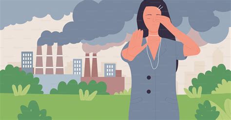 먼지 연기 대기 오염을 중지하고 생태 벡터 그림을 저장합니다 만화 젊은 여자 자원 봉사 캐릭터 공장 굴뚝에서 산업 스모그에 중지 제스처를 보여주는 생태 포스터 배경