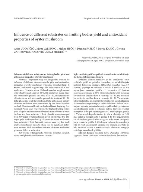Pdf Influence Of Different Substrates On Fruiting Bodies Yield And Antioxidant Properties Of
