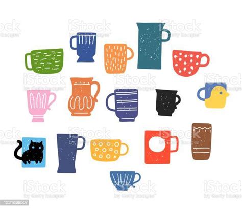 귀여운 만화 손으로 그린 컵 세트 벡터 흰색에 고립 멋지고 재미있는 밝은 다채로운 머그잔 클립 아트 일러스트 개체 그룹에 대한 스톡 벡터 아트 및 기타 이미지 Istock