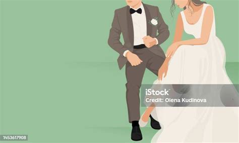 신혼 부부 신부와 신랑이 앉아 있습니다 초대장 웹 배너 카드 신부 살롱 포스터에 대 한 웨딩 디자인 벡터 추상 그림 커플에 대한