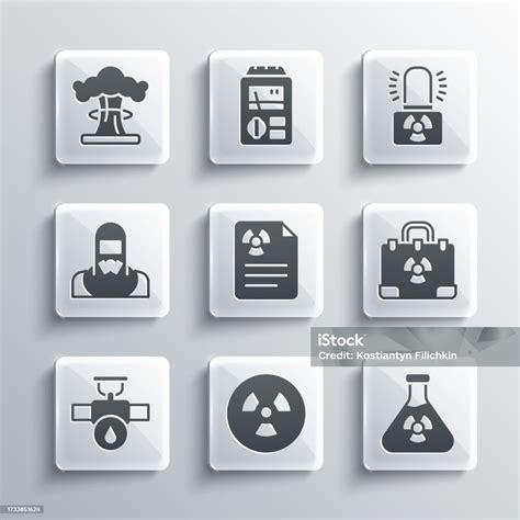 방사성 시험관 방사선 방사선 핵 가방 경고 문서 산업 파이프 및 밸브 원자로 작업자 폭발 및 램프 아이콘을 설정합니다 벡터 가방에 대한 스톡 벡터 아트 및 기타 이미지