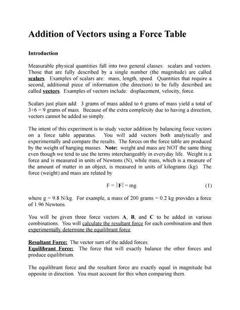 【lab Manual】2 Addition Of Vectors Using A Force Tablesd Addition Of Vectors Using A Force