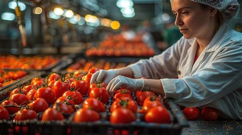Premium Photo Worker In Gloves Inspecting Ripe Tomato In Processing
