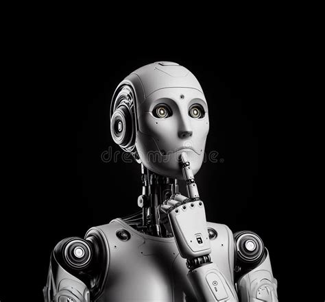 white robot wondering on black background stock illustration