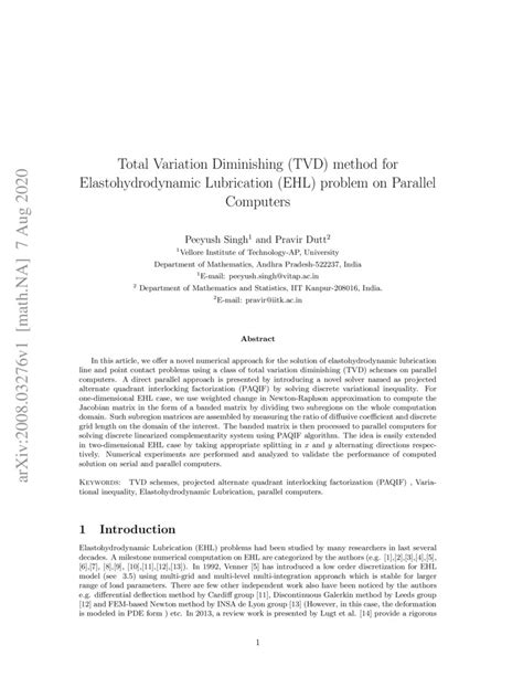 Total Variation Diminishing Tvd Method For Elastohydrodynamic Lubrication Ehl Problem On