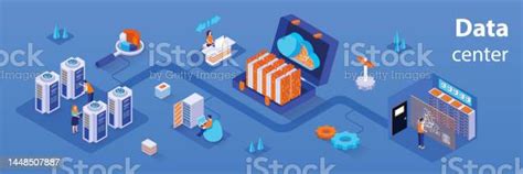 데이터 센터 개념 3d 아이소메트릭 인포그래픽 웹 배너 사람들은 데이터 처리 장비의 작동을 제어 및 모니터링하고 서버를 유지 관리합니다 아이소메트리 그래픽 디자인의 벡터