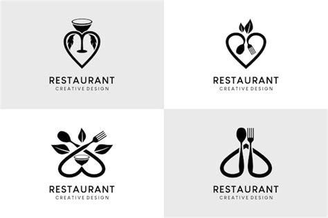 심장 음식 및 음료 로고에 칼 붙이 아이콘이 있는 레스토랑 로고 디자인 모음 프리미엄 벡터