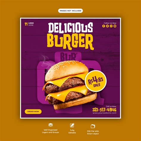 맛있는 햄버거와 음식 메뉴 소셜 미디어 배너 템플릿 무료 Psd 파일