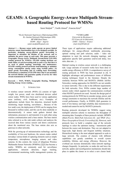 Pdf Geams A Geographic Energy Aware Multipath Stream Based Routing Protocol For Wmsns