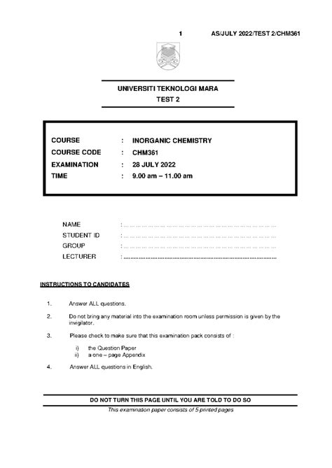 TEST CHM July Doc UNIVERSITI TEKNOLOGI MARA TEST COURSE INORGANIC CHEMISTRY