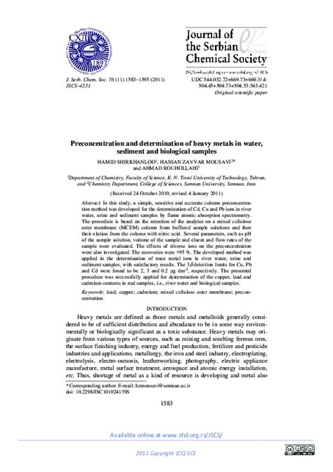 Pdf Preconcentration And Determination Of Heavy Metals In Water Sediment And Biological Samples