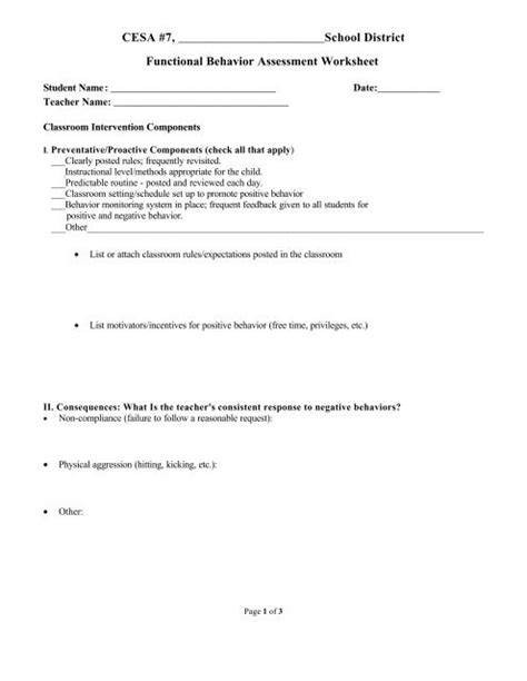 Functional Behavior Assessment Worksheet Pdf Reinforcement