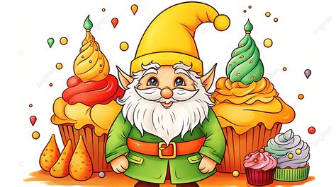 어린이 활동을 위한 케이크 색칠 페이지를 들고 있는 주황색 노란색과 녹색 그놈 책 그리기 만화 스케치 그림을 그리는 아이들