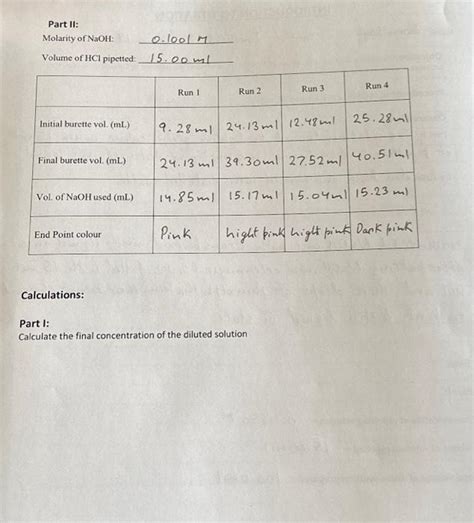 Solved Part Ii Molarity Of Naoh 0 1001 M Volume Of Hcl