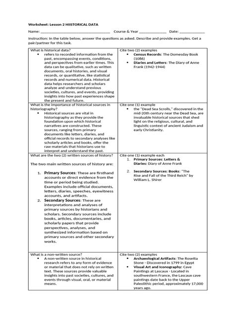 Worksheet Chap 1 Lesson 2 Pdf Primary Sources Data