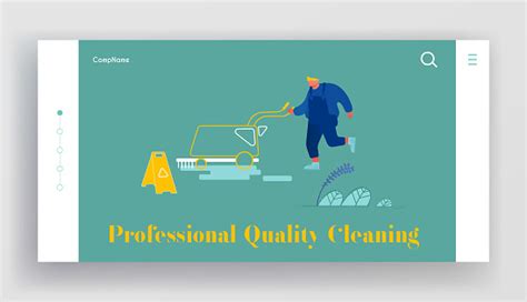 청소 회사 직원 작업 웹 사이트 방문 페이지 사무실 홀 또는 로비 웹 페이지 배너에서 전문 장비 세척 진공 청소기 및 연마 바닥을 가진 남자 만화 플랫 벡터 일러스트 개념에