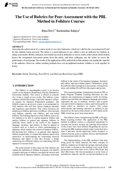 Pdf The Use Of Rubrics For Peer Assessment With The Pbl Method In