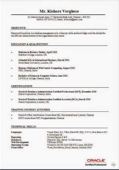Oracle Dba Resume Sample For Fresher Master Of Template Document