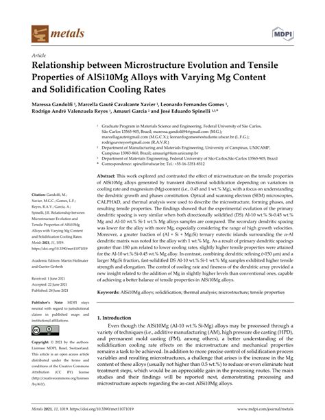 Pdf Relationship Between Microstructure Evolution And Tensile Properties Of Alsi10mg Alloys