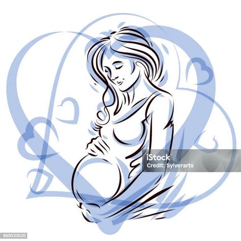 임신 여성의 우아한 바디 실루엣 장식 심장 모양 프레임 스케치 벡터 일러스트 레이 션에에서 배치 사랑과 부드러운 느낌 개념입니다 건강관리와 의술에 대한 스톡 벡터 아트 및