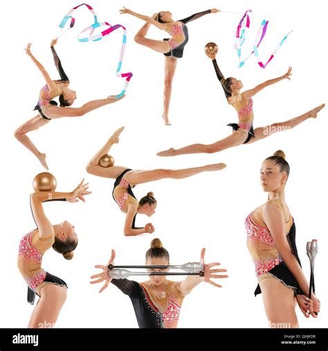 Set Of Portraits Of Beautiful Flexible Woman Rhythmic Gymnast Training