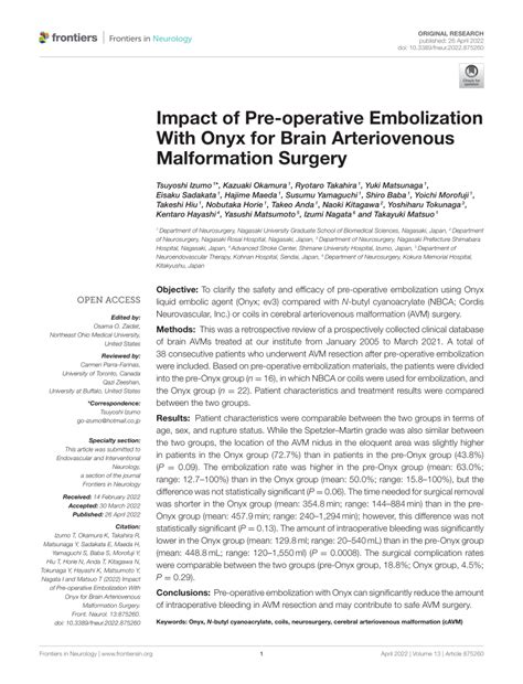 Pdf Impact Of Pre Operative Embolization With Onyx For Brain Arteriovenous Malformation Surgery