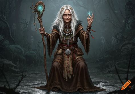 An Old Crone Witch With Long White Hair Holding A Gnarled Staff And