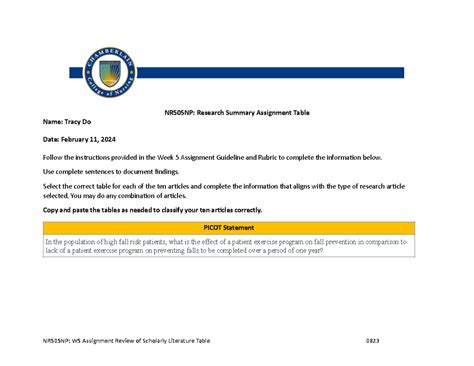 Tracy Do Research Summary Table Nr505np Research Summary Assignment Table Name Tracy Do Date