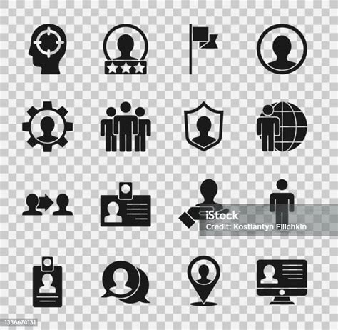 이력서 사용자 헤드 헌팅 위치 마커 사용자 그룹 휴먼 기어 및 보호 아이콘이 있는 모니터를 설정합니다 벡터 Brand Name Online Messaging Platform
