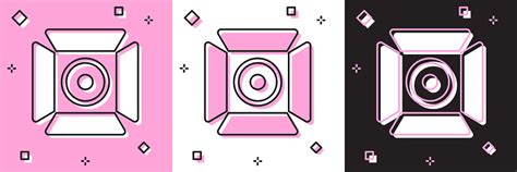 분홍색과 흰색 검은 색 배경에 격리 된 영화 스포트라이트 아이콘을 설정합니다 라이트 효과 장면 스튜디오 쇼 벡터 개념에 대한 스톡 벡터 아트 및 기타 이미지 Istock