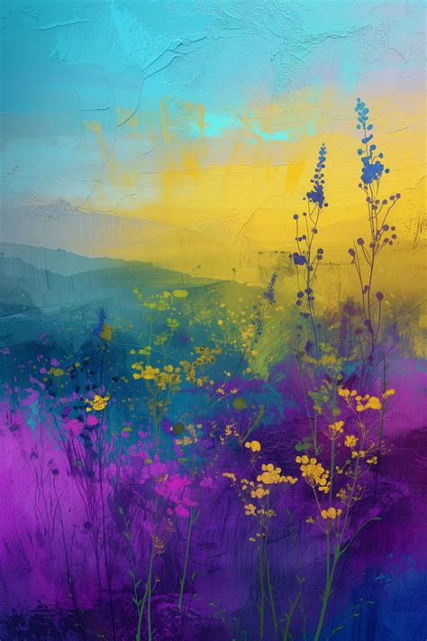Abstract Art Print Yellow And Purple Flowers Blue Sky