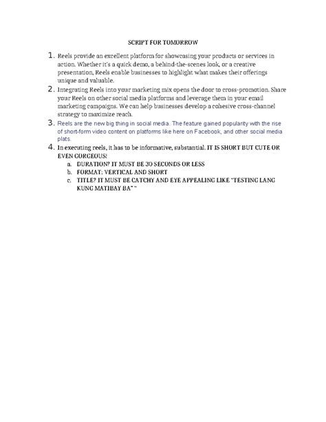 Script For Tomorrow Script For Tomorrow 1 Reels Provide An Excellent
