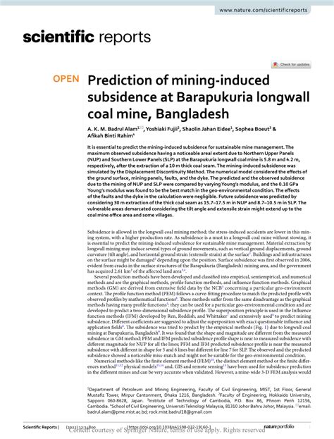 Pdf Prediction Of Mining Induced Subsidence At Barapukuria Longwall Coal Mine Bangladesh