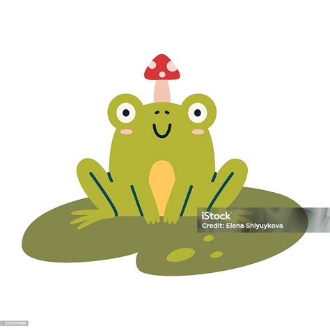 머리에서 자라는 빨간 아마니타 버섯과 함께 수련 잎에 앉아 웃고 있는 녹색 개구리 트렌디 한 현대 벡터 일러스트 레이 션은 흰색 손으로 그린 평면 디자인에 고립 되어
