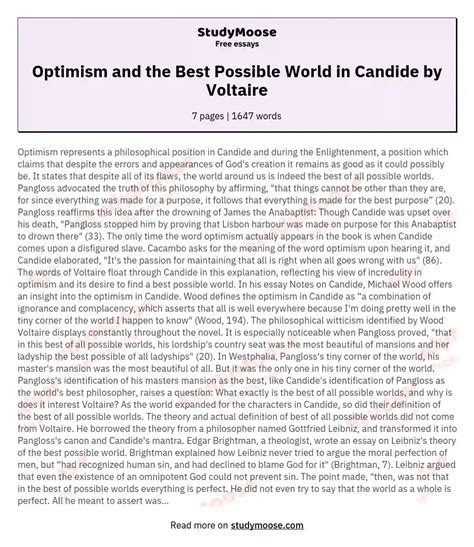 Optimism And The Best Possible World In Candide By Voltaire Free Essay Example